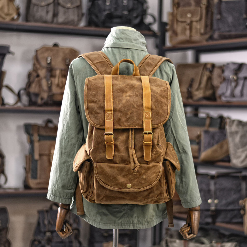 Waterproof Waxed Canvas Backpack with Leather Vintage - Woosir