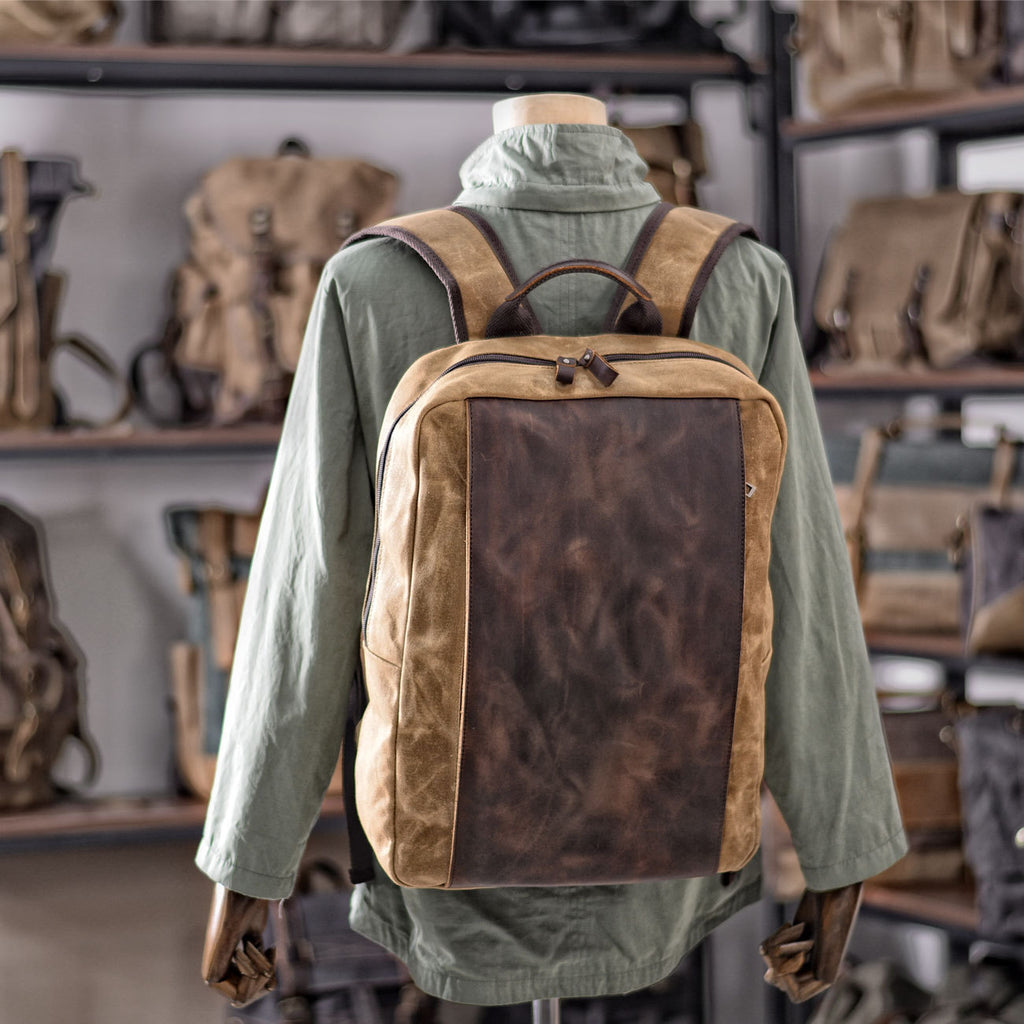 Waxed Canvas Backpack with Leather Waterproof - Woosir