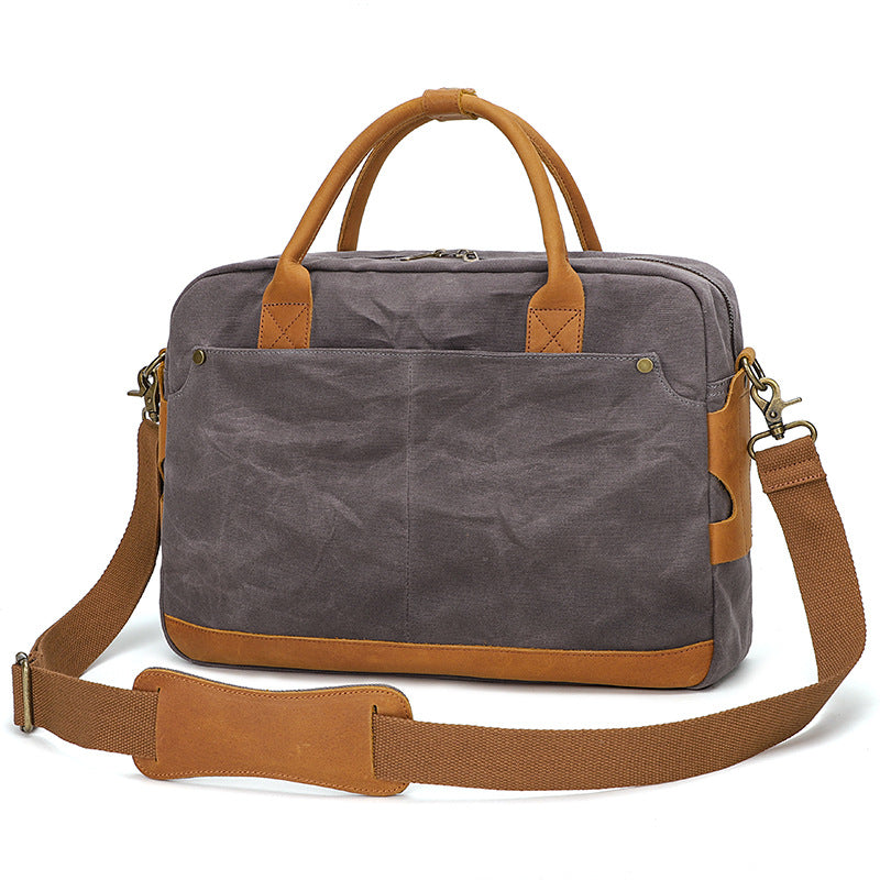 Waxed Canvas Briefcase with Crazy Horse Leather for Laptop - Woosir