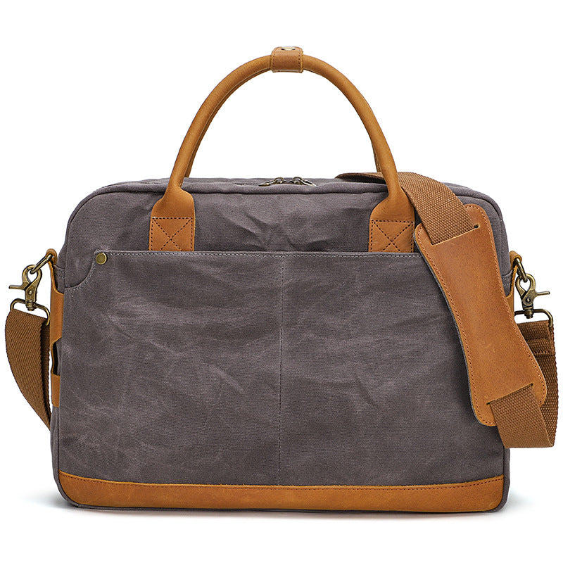 Waxed Canvas Briefcase with Crazy Horse Leather for Laptop - Woosir