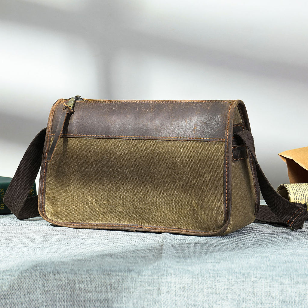 Waxed Canvas Leather Messenger Bag - Woosir