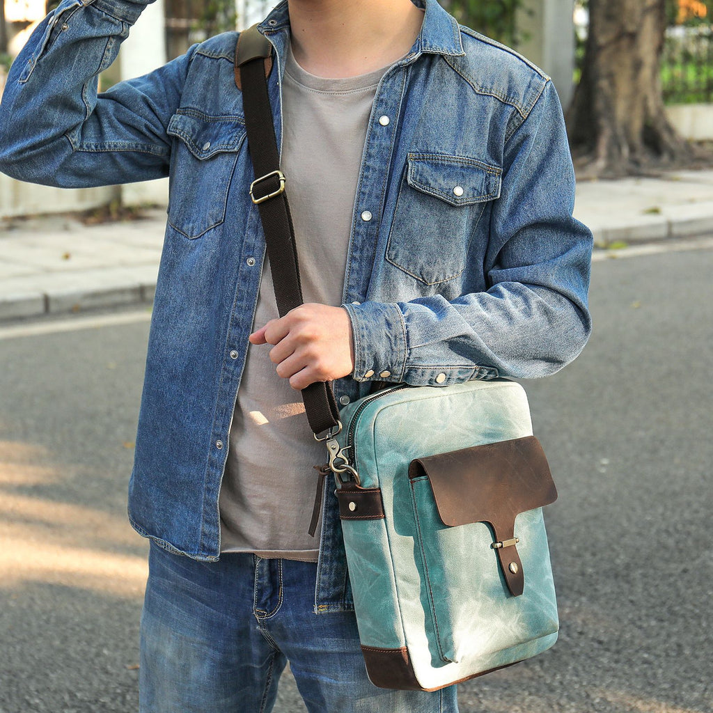 Waxed Canvas Messenger Bag Crossbody - Woosir