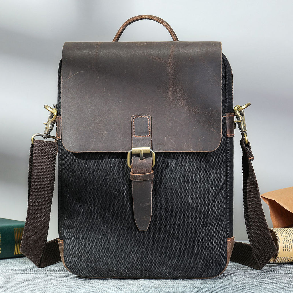 Waxed Canvas Messenger Bag with Leather Lightweight Vintage - Woosir