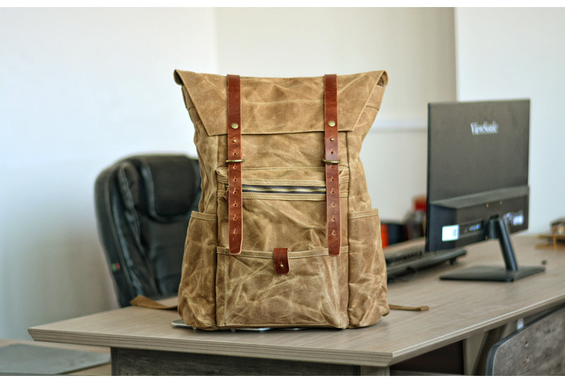 Large Waxed Canvas Rucksack Vintage Hiking Backpack - Woosir