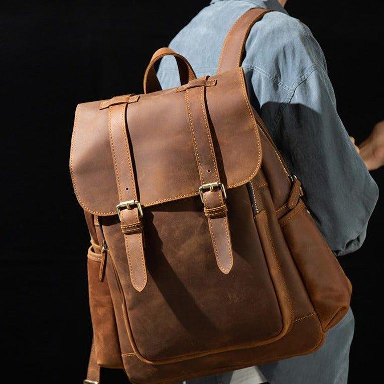 Mens Leather Backpack with Front Pocket - Woosir