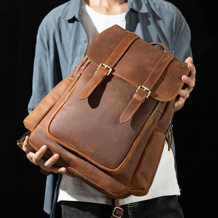 Mens Leather Backpack with Front Pocket - Woosir