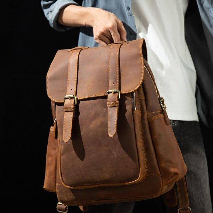 Mens Leather Backpack with Front Pocket - Woosir