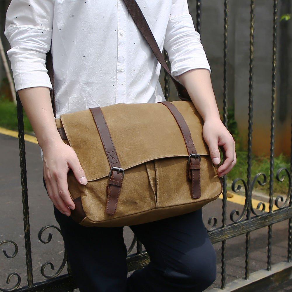 Mens Waterproof Canvas Messenger Bag for 14 Inch Laptop - Woosir